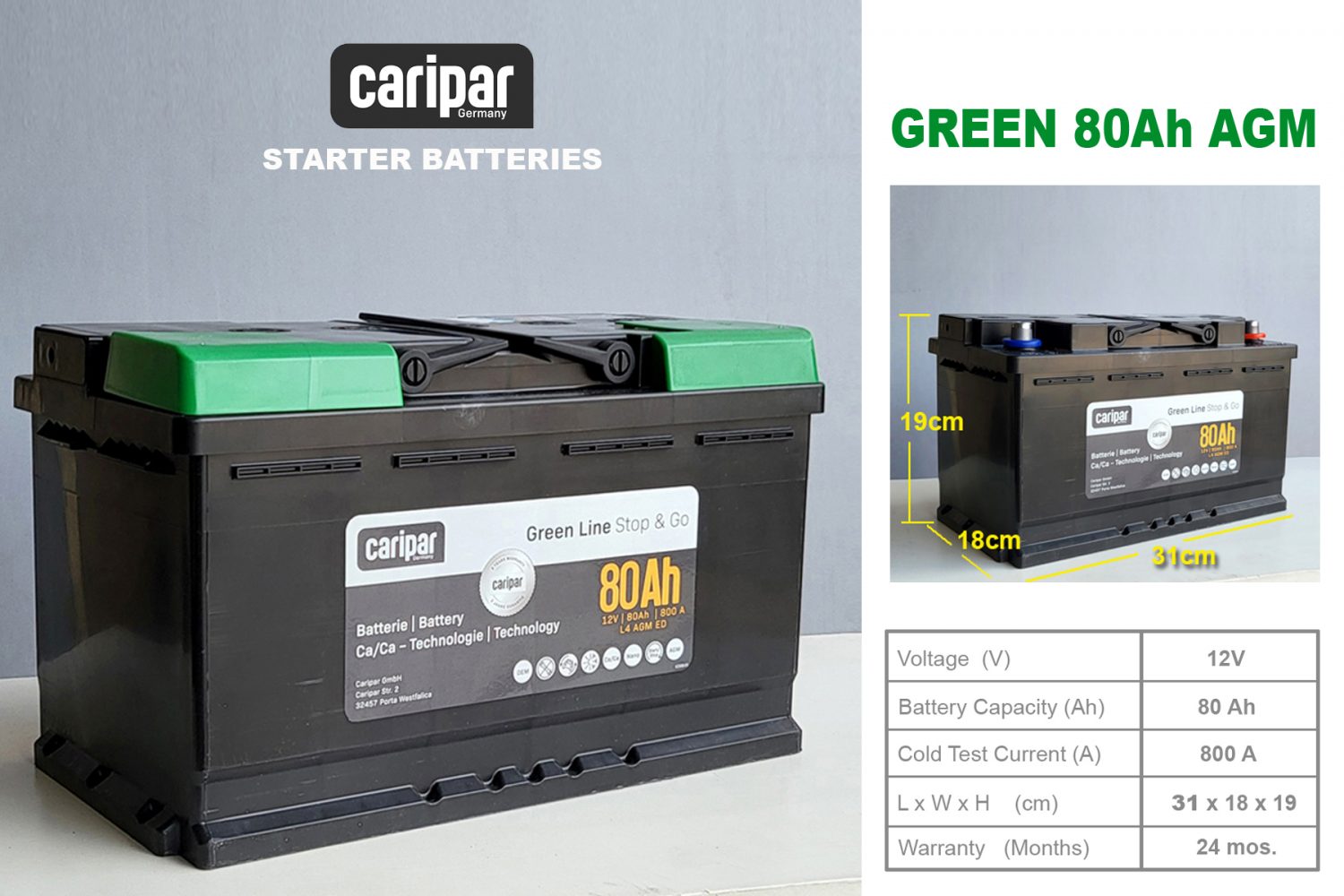 BATTERY 80AH 800A 12V 315X175X190 - GREEN LINE AGM - Twincell