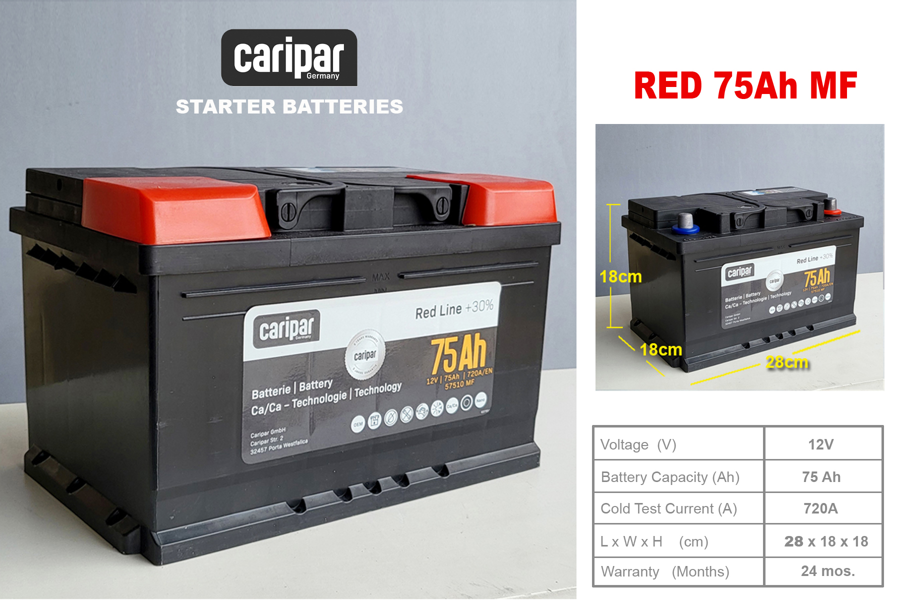 BATTERY 75AH 720A 280X180X180 - RED LINE - Twincell